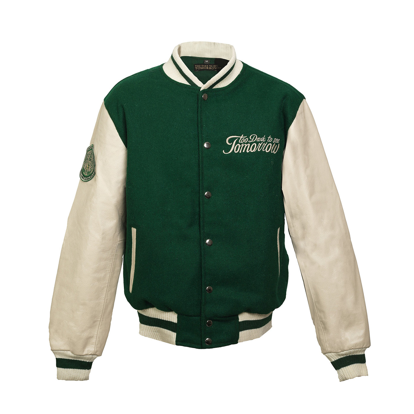GREEN WOOL & LEATHER VARSITY JACKET – TOO DARK TO SEE TOMORROW